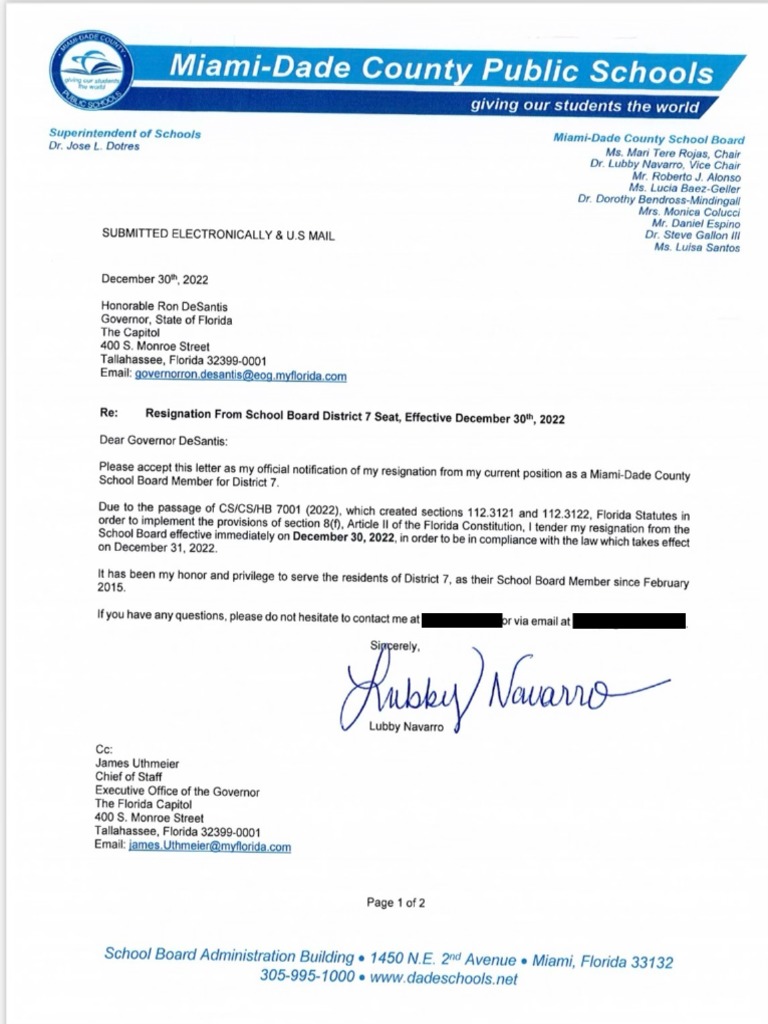 Lubby Navarro Resignation Letter To Gov. Ron DeSantis | PDF