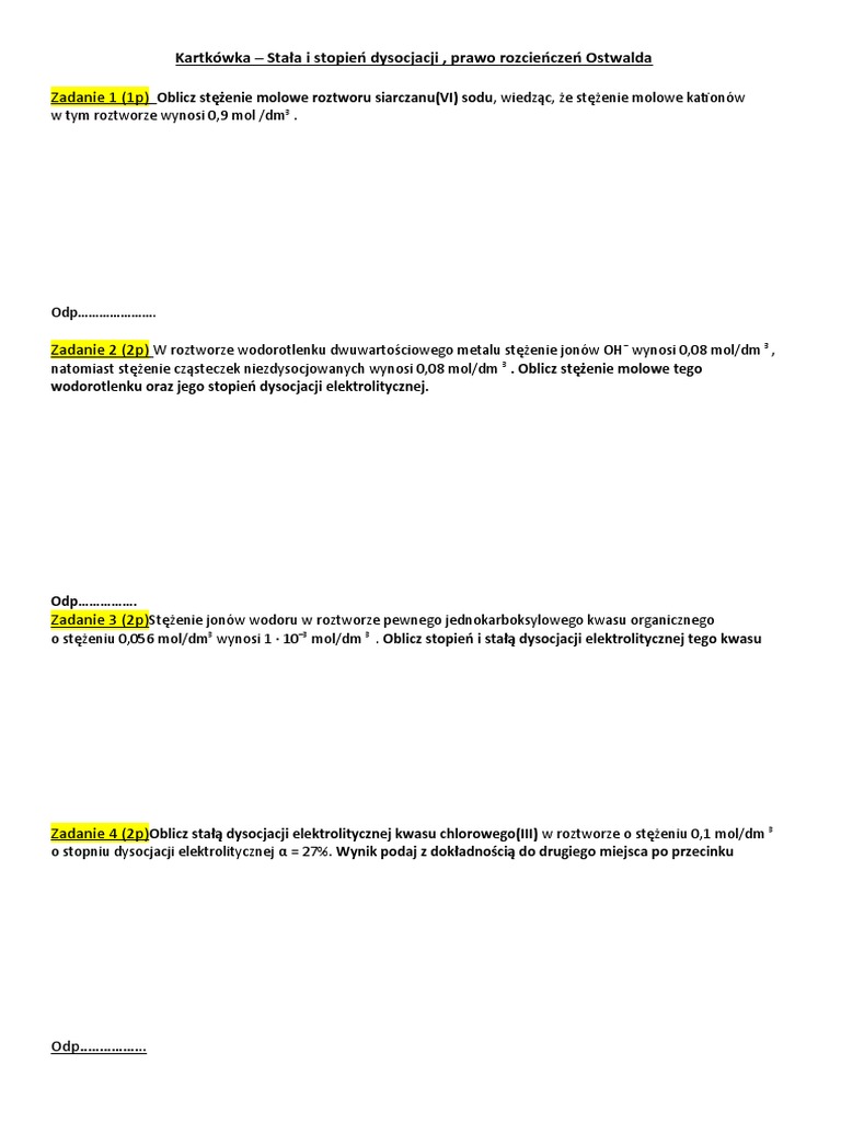 Kartkówka - Stała i Stopień Dysocjacji | PDF