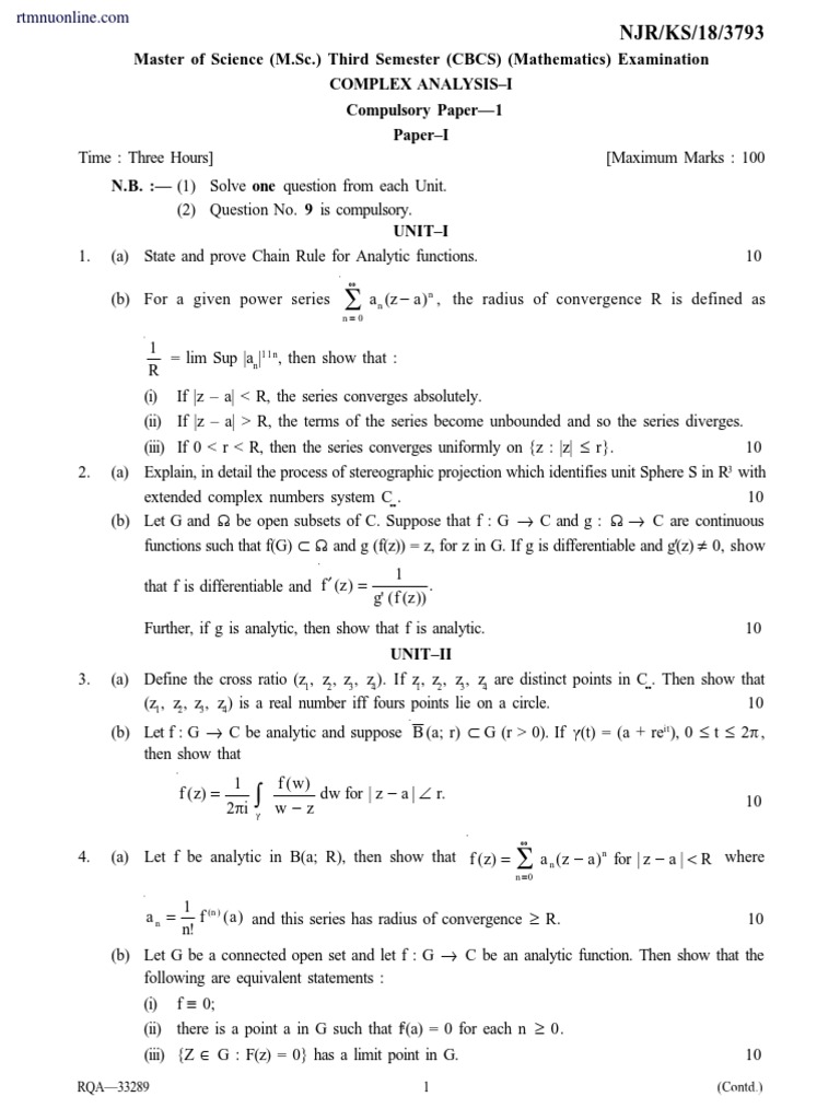 MSC 3 Sem Mathematics Complex Analysis 1 Paper 1 Summer 2018 | PDF ...