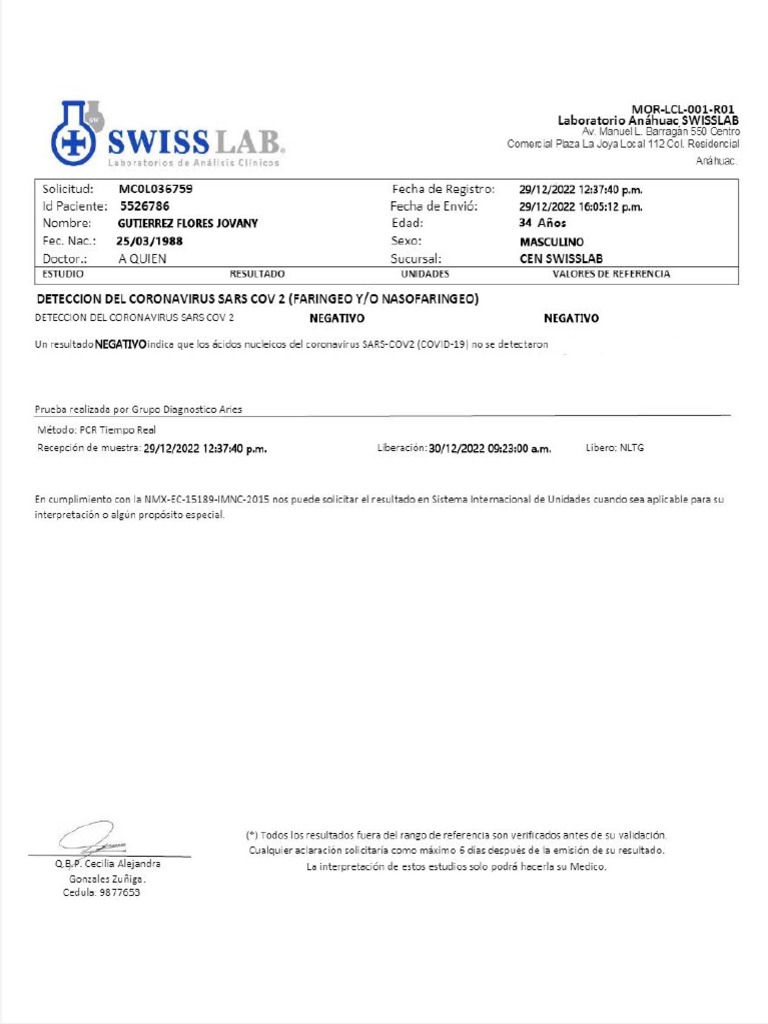 Prueba Covid-19 Swisslab - Solicitud - MC0L036759 | PDF
