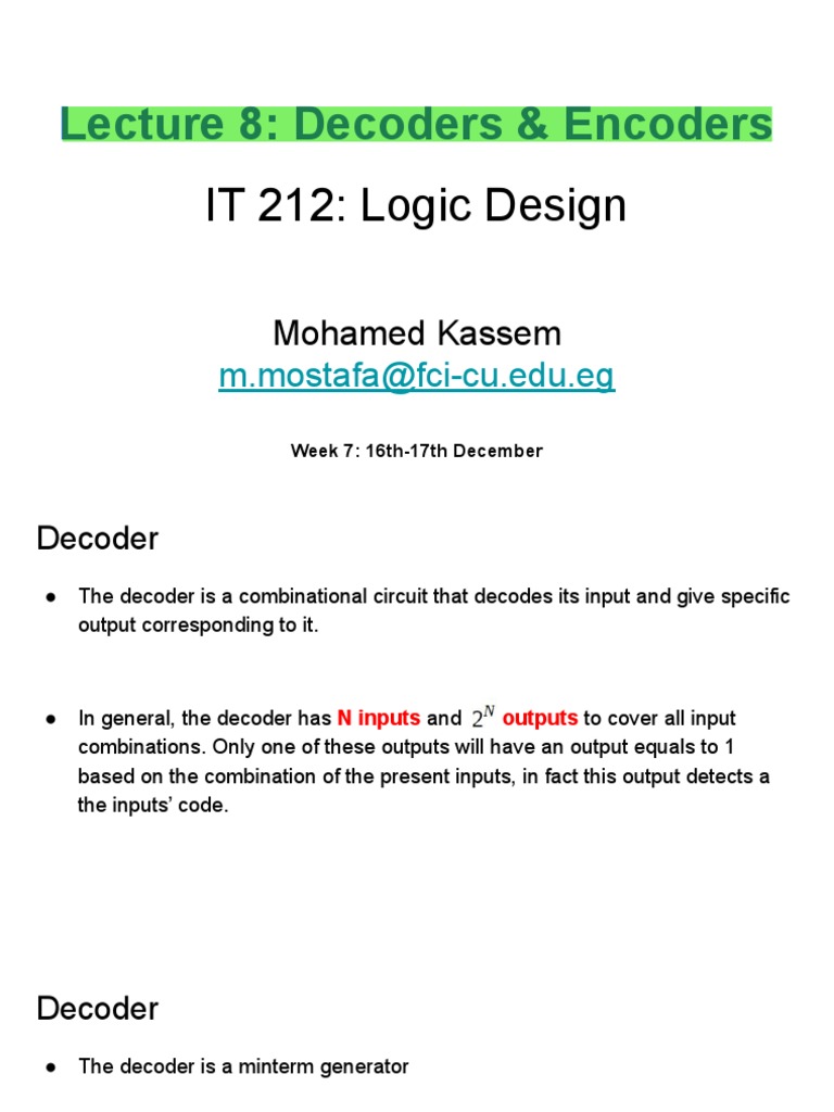 IT212 - Lecture 8 - Decoders & Encoders | PDF | Encodings | Electronics