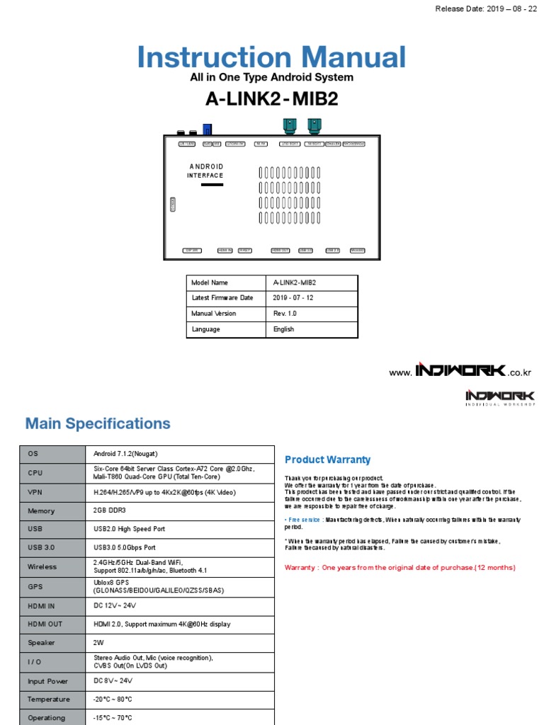 Instruction Manual A-LINK2-MIB2. All in One Type Android System ...