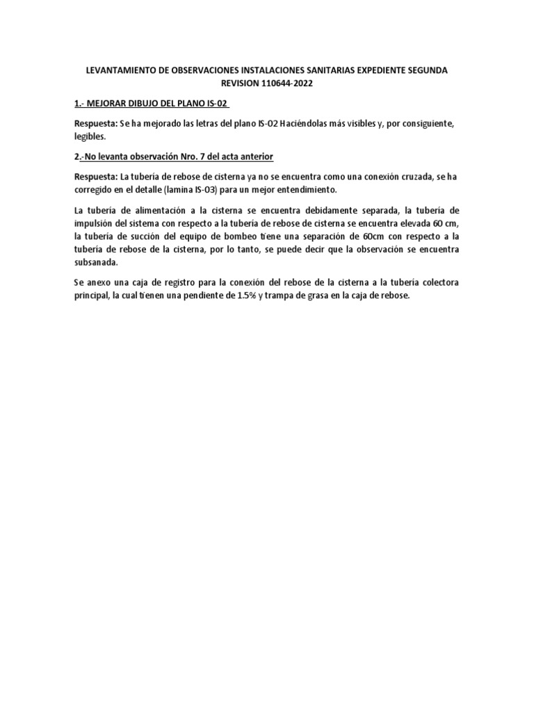 Levantamiento de Observaciones Instalaciones Sanitarias Expediente 110644 | PDF