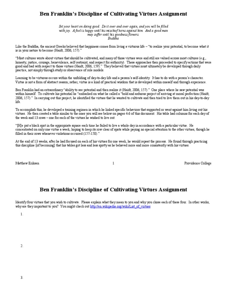 Matthew Eriksens Ben Franklins Discipline of Cultivating Virtues Assignment 2no6xxy | PDF ...
