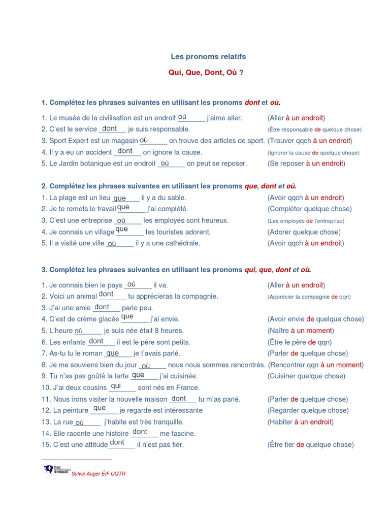 Les Pronoms Relatifs Qui, Que, Dont Et Ou Exercices - 220425 - 142702 ...