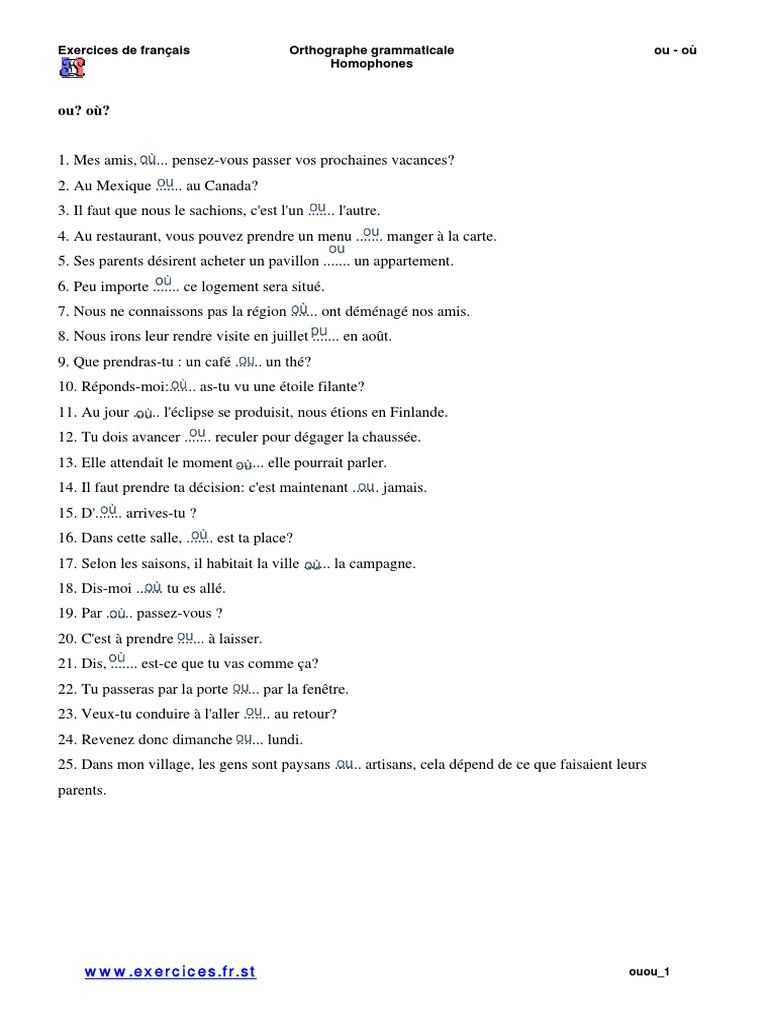 Exercices sur les homophones "ou" et "où" | PDF