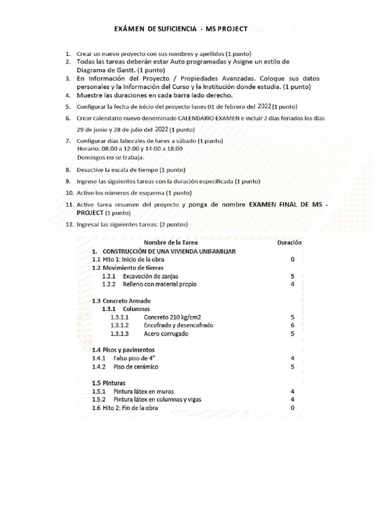Examen Ms Project SUFICIENCIA 01 | PDF