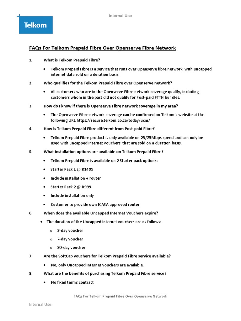 FAQs For Telkom Prepaid Fibre Over Openserve Fibre Network | PDF | Stored Value Card | Prepaid ...