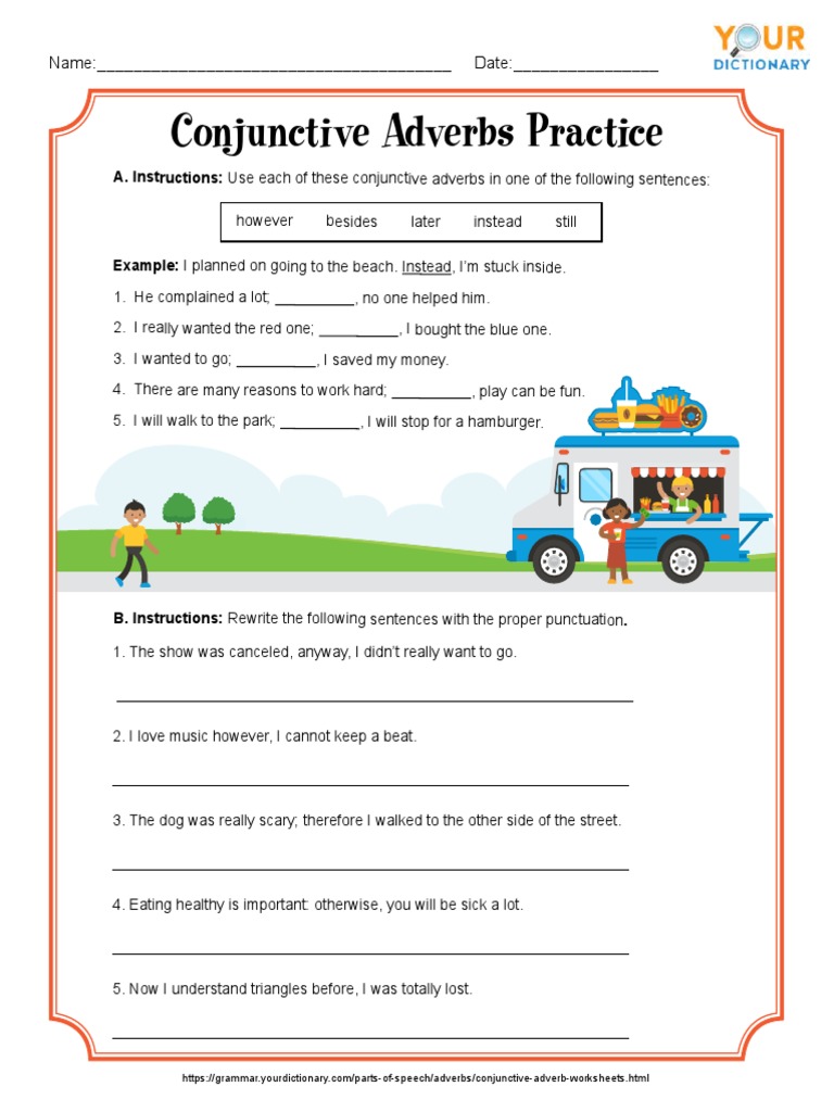 Conjunctive Adverbs Practice Worksheet | PDF | Linguistics | Grammar