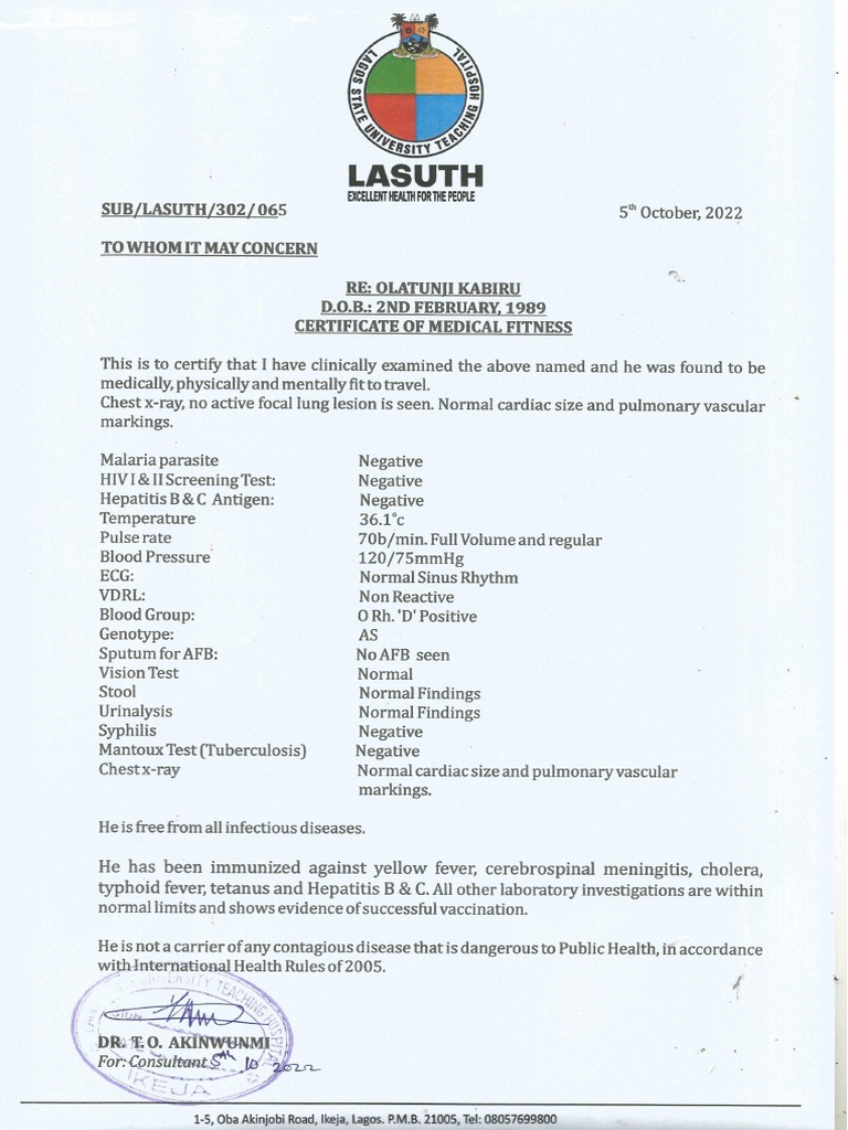 Certificate of Medical Fitness | PDF