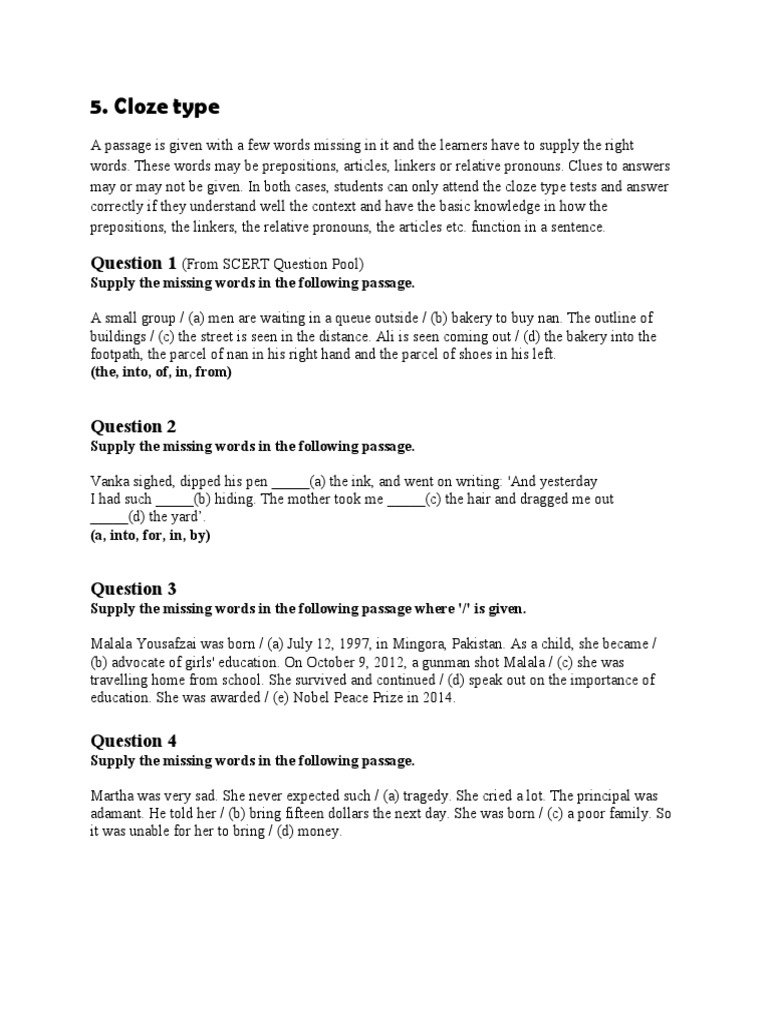 Worksheet On Cloze Type | PDF