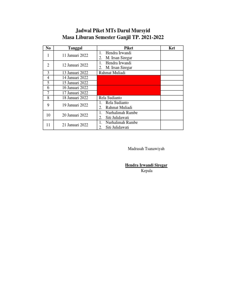Jadwal Piket MTs Darul Mursyid | PDF