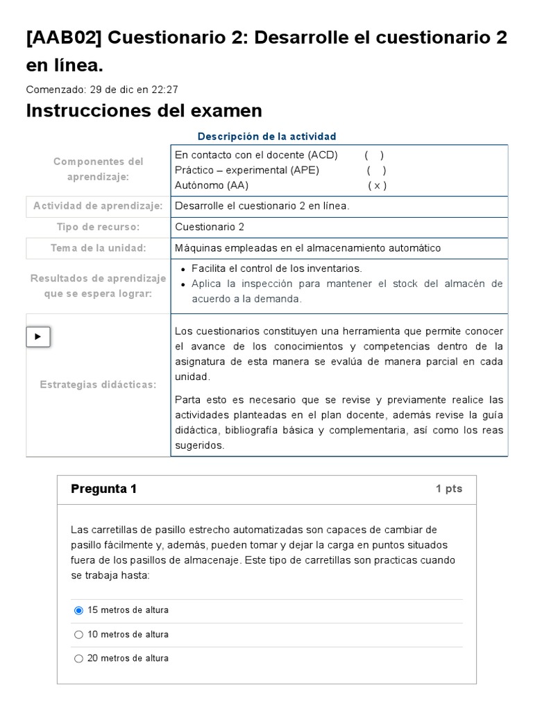 Examen - (AAB02) Cuestionario 2 - Desarrolle El Cuestionario 2 en Línea - TRANSPORTE 29-12 | PDF ...