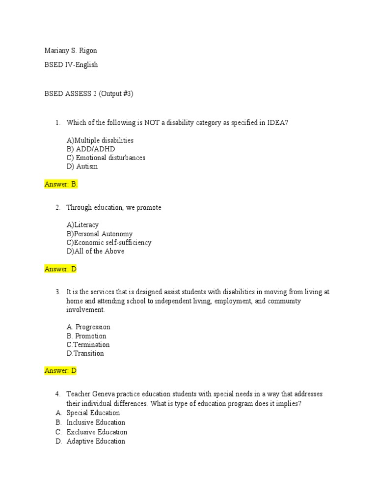 Inclusive Education Quiz | PDF | Disability | Special Education