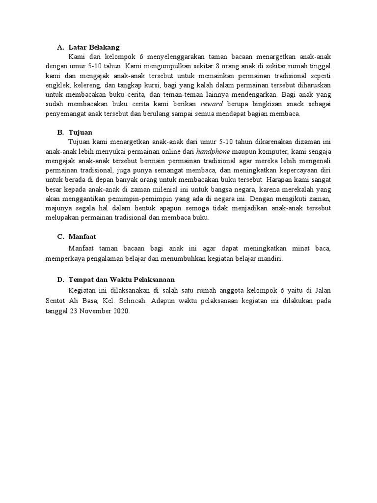 Laporan Kegiatan Taman Bacaan Kelompok 6 | PDF