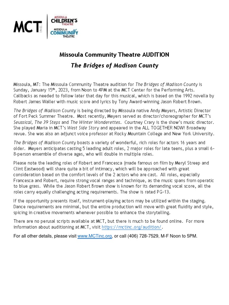 AUDITION MCT's 'The Bridges of Madison County' | PDF