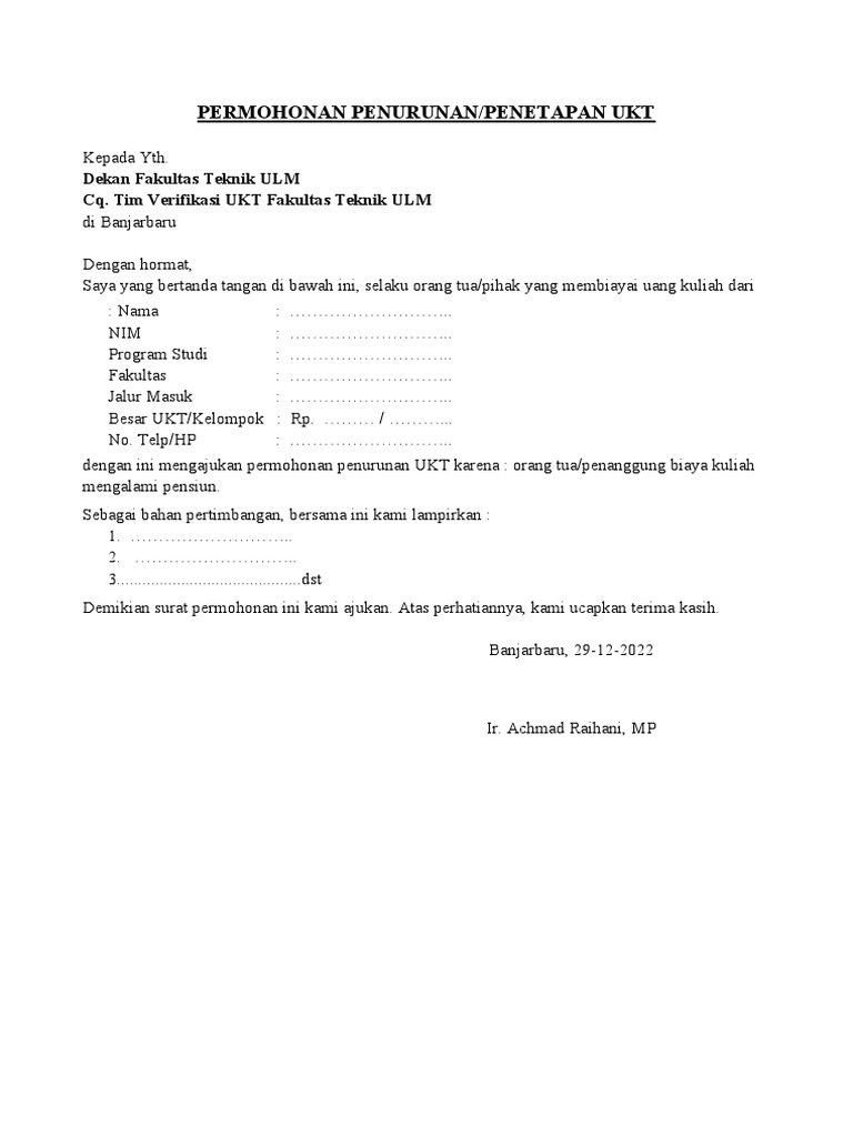 Surat Permohonan Penurunan Ukt | PDF