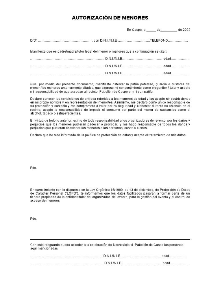 Autorizacion Menor Acompanado Caspe Nochevieja 2022 Pdf