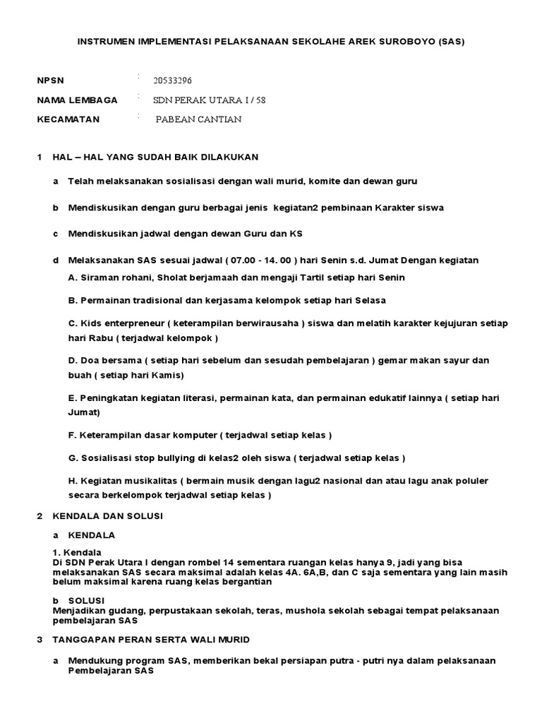 Instrumen Implementasi Sekolahe Arek Suroboyo | PDF