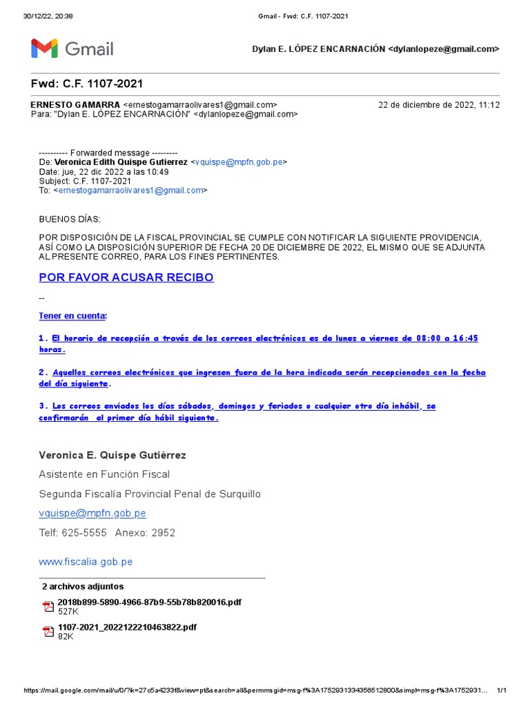 Gmail 22 DIC 2022, 10:49 Hrs. DISPOSICIÓN SOBRE QUEJA DE DERECHO y Providencia. Cf. N.° 1107 ...
