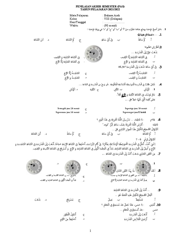 Soal PAS Bahasa Arab Kelas 8 Semester Ganjil Tahun Pelajaran 2022-2023 | PDF