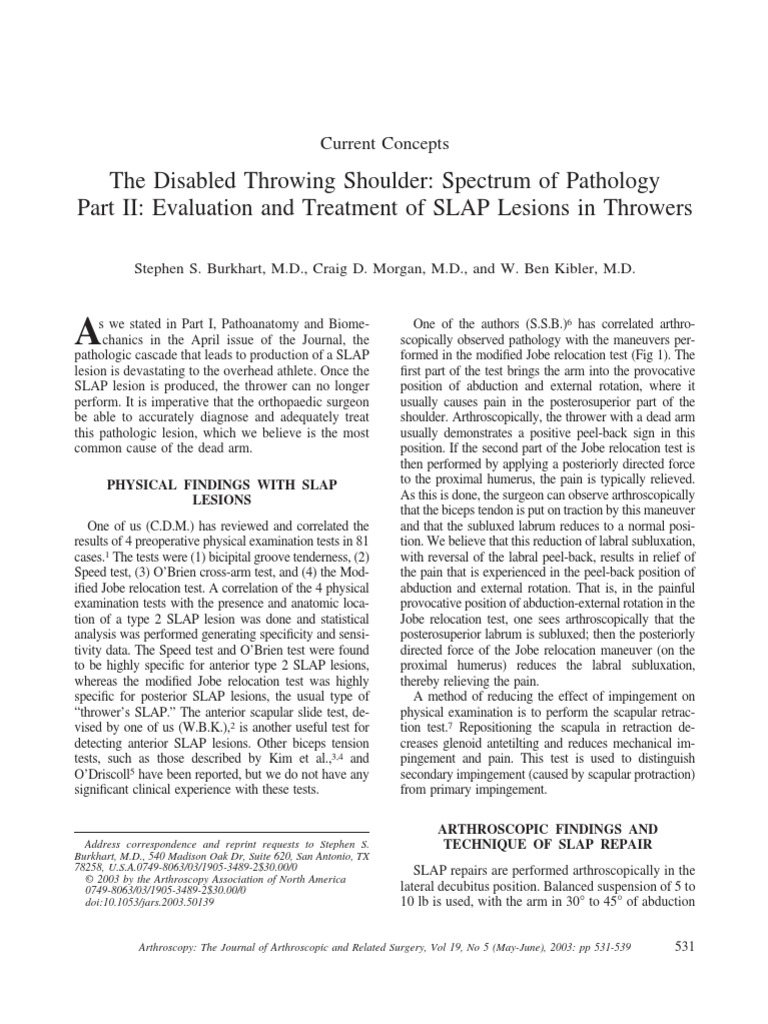 The Disabled Throwing Shoulder Spectrum of Pathology Part II Evaluation and Treatment of SLAP ...