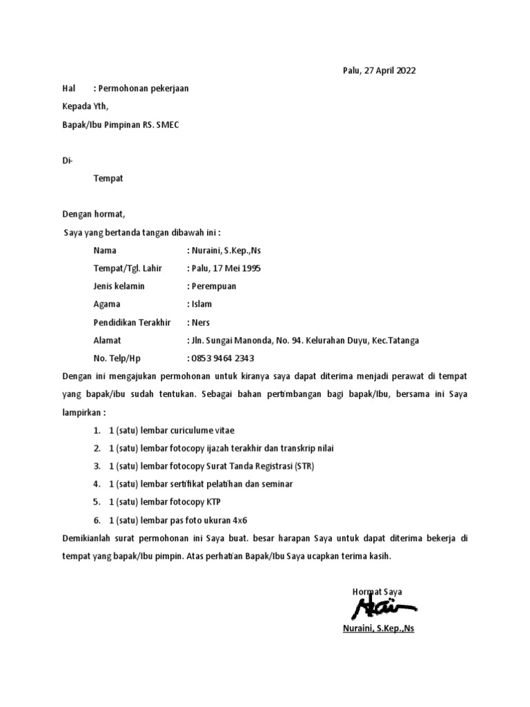 Surat Lamaran RS. SMEC | PDF