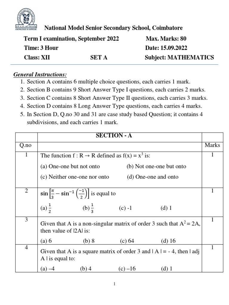 Grade Xii - Math - Set A - QP - 15.09.22 | PDF | Area | Mathematical Objects