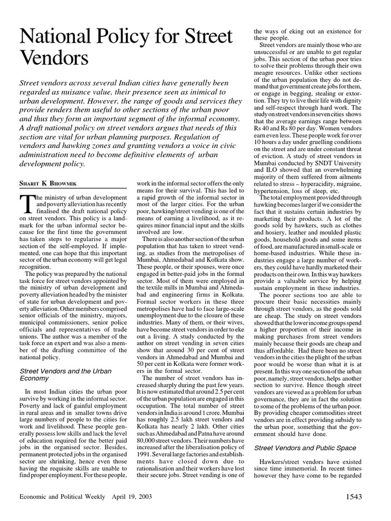 National Policy For Street Vendors - Bhowmik | PDF | License | Economies