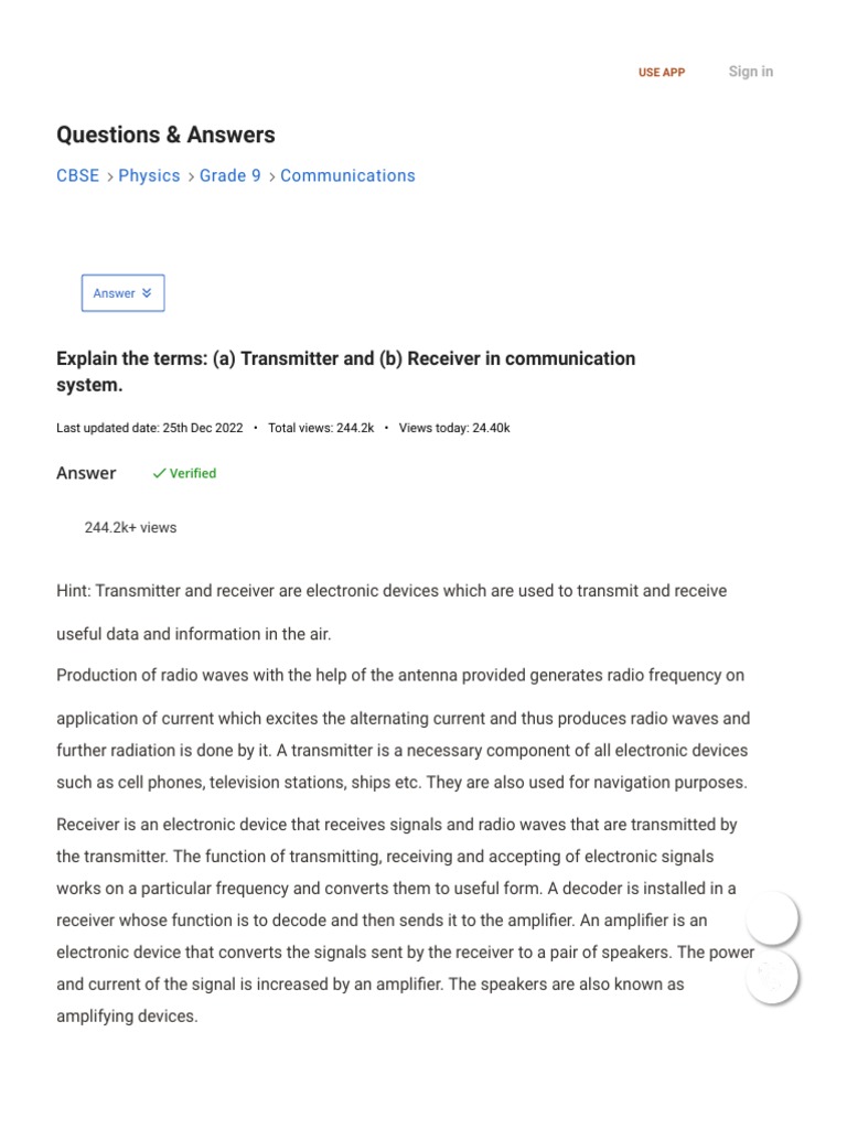 Explain The Terms - (A) Transmitter and (B) Receiver in Communication ...