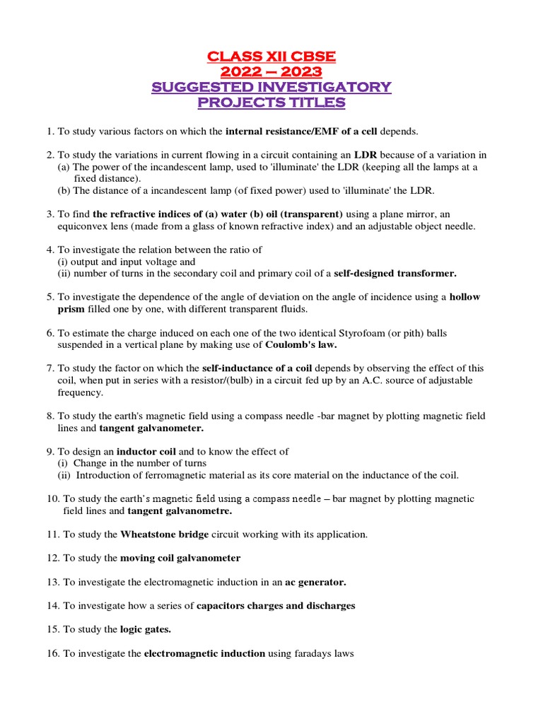 Suggested Investigatory Projects for Class XII CBSE Students 2022-2023 ...