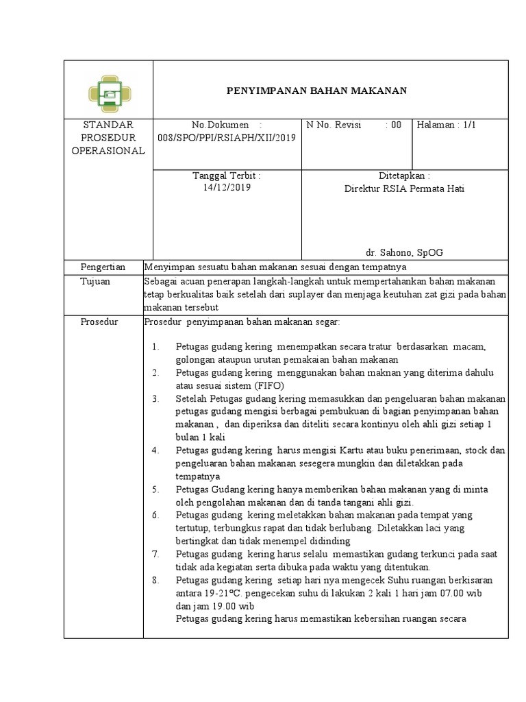 Sop Penyimpanan Bahan Makanan | PDF