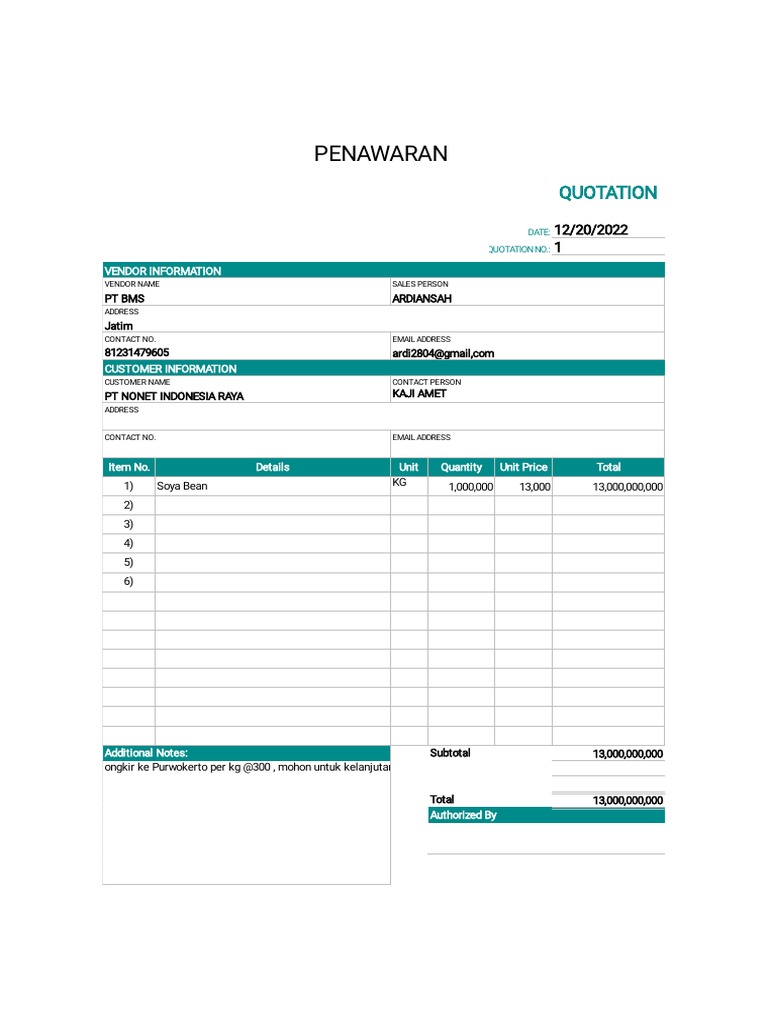 Penawaran Harga Kedelai PT BMS | PDF