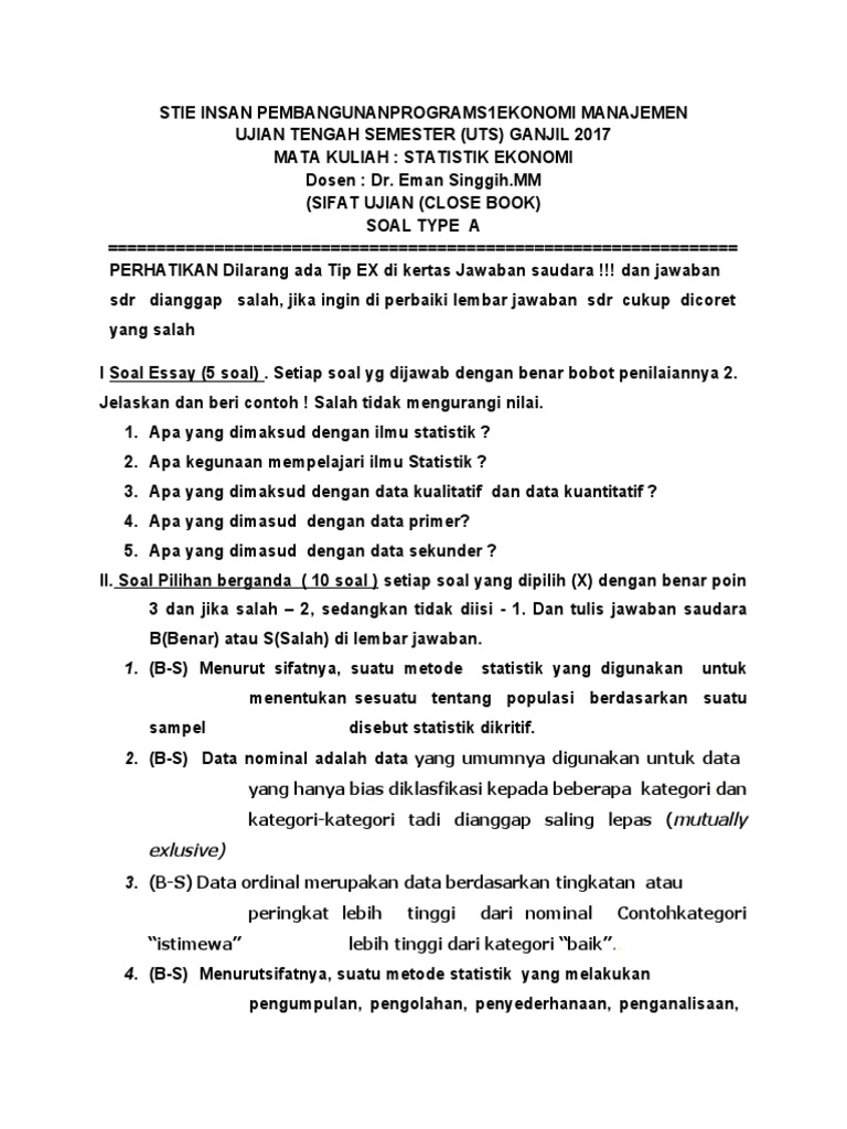 Soal Uts Stat Ekonomi Type A 25 Okt 2021 | PDF