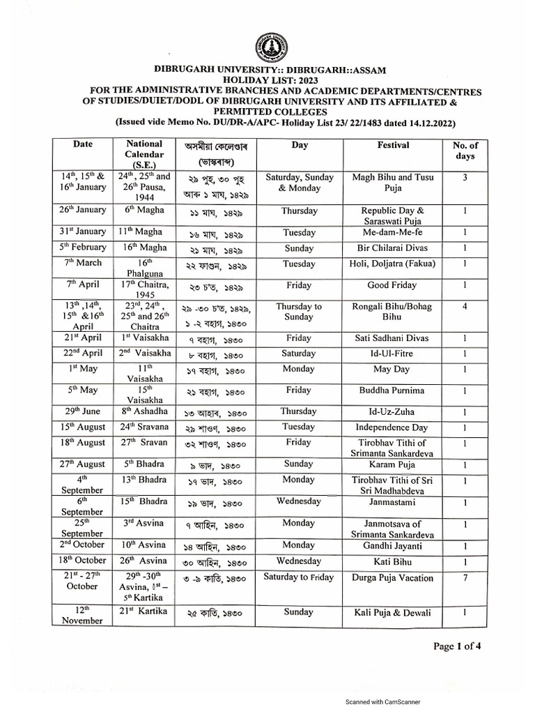 Holiday List 2023 | PDF