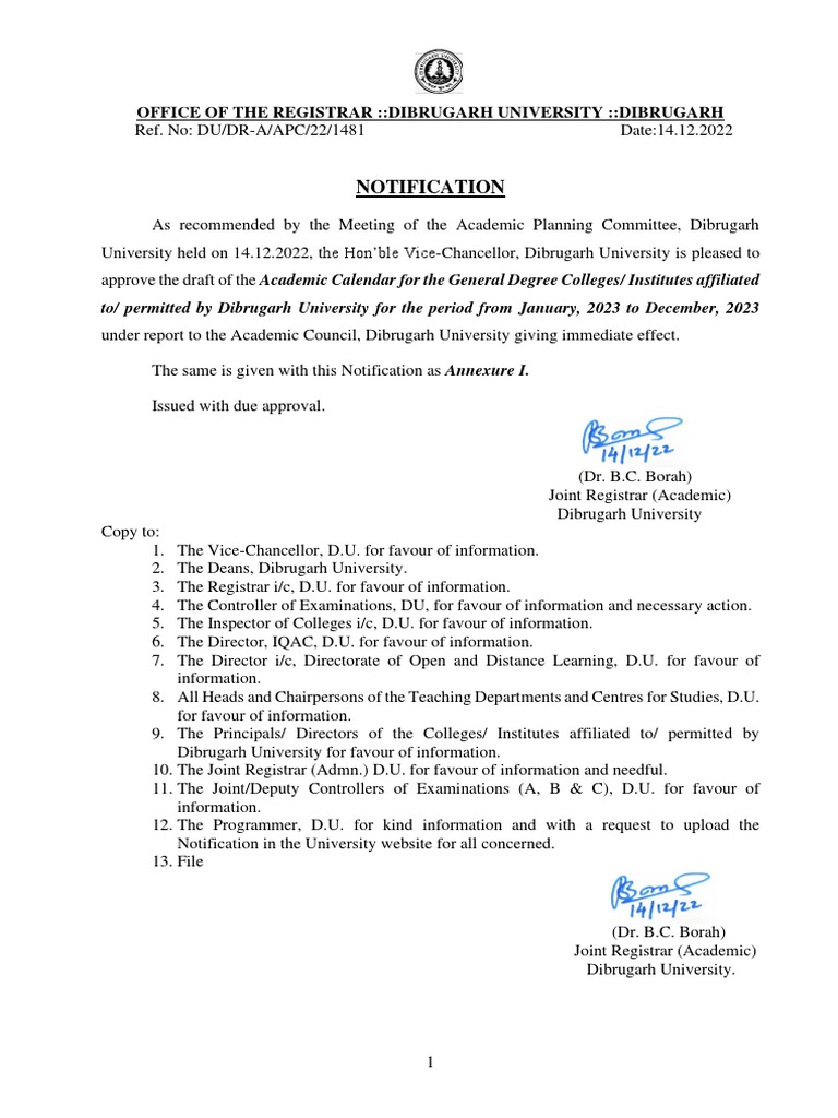 Notification of the Academic Calendar for General Degree Colleges ...