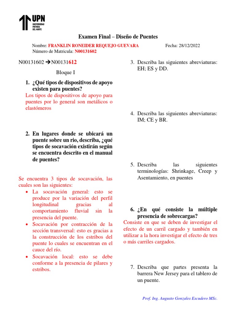 Examen Final de Diseño de Puentes | PDF | Ingeniería de Edificación ...