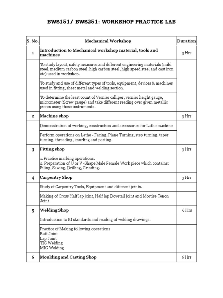 Mechanical Workshop Lab Overview | PDF | Welding | Construction