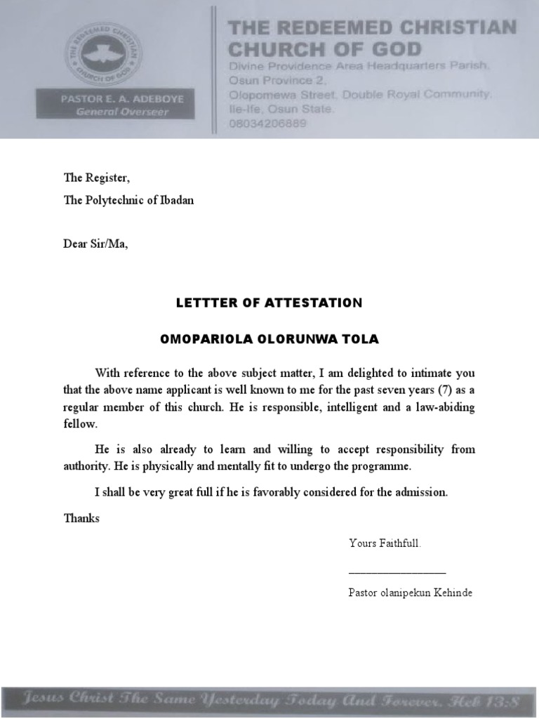 Church Attestation Letter for Admission | PDF