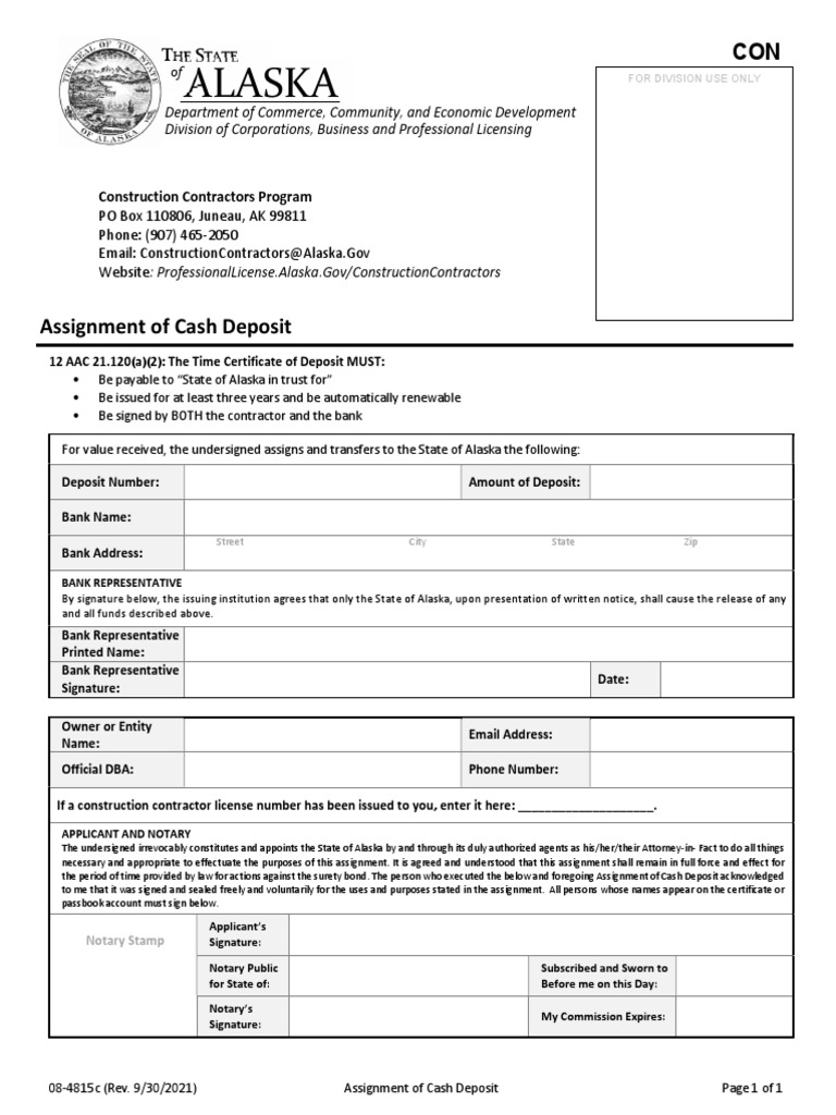 Assignment of Cash Deposit for Contractors | PDF | Notary Public | Banks