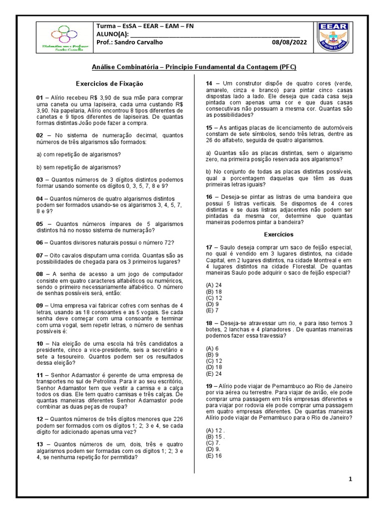 Análise Combinatório PFC EEAR EAM 08 08 2022 | PDF | Cor | Caixa alta e caixa baixa