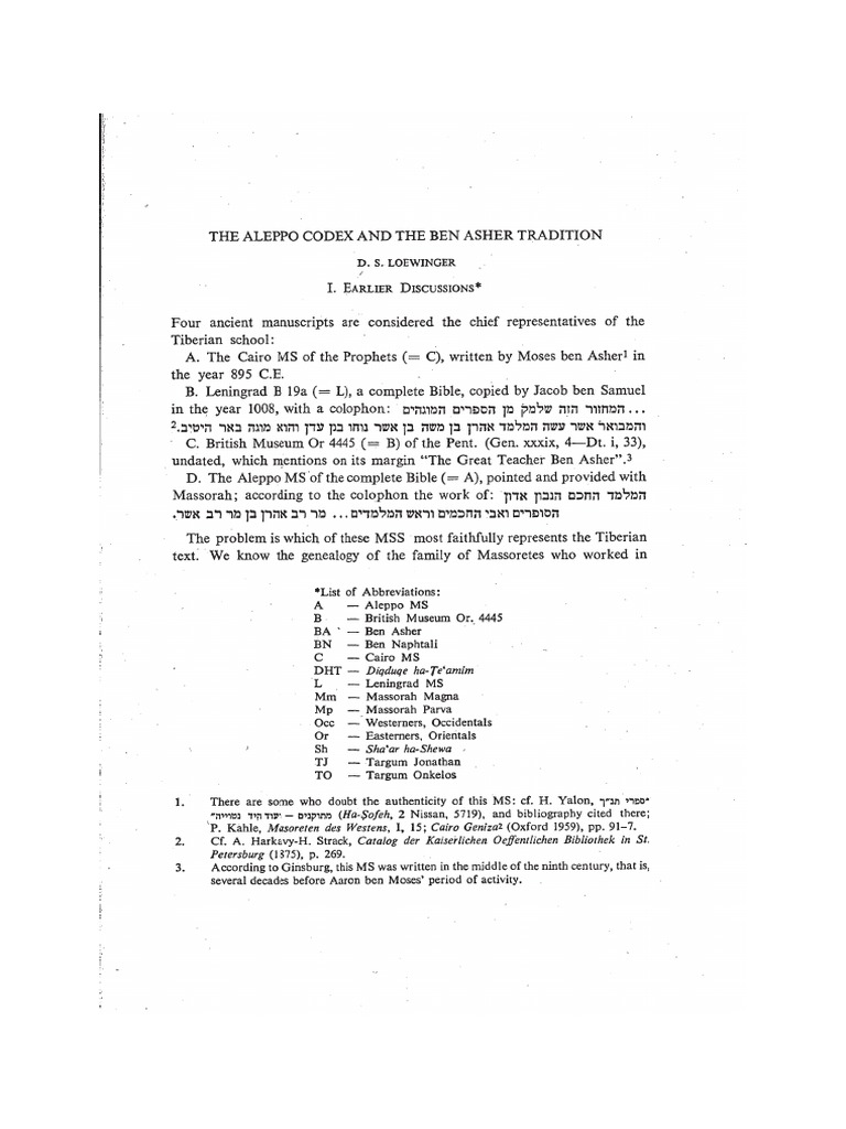 D.S .Loewinger. 1960. "The Aleppo Codex and The Ben Asher Tradition ...