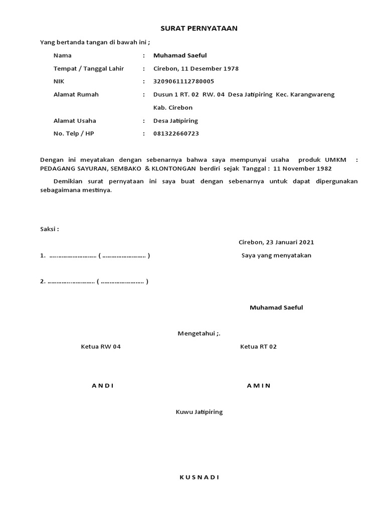Surat Pernyataan Umkm | PDF