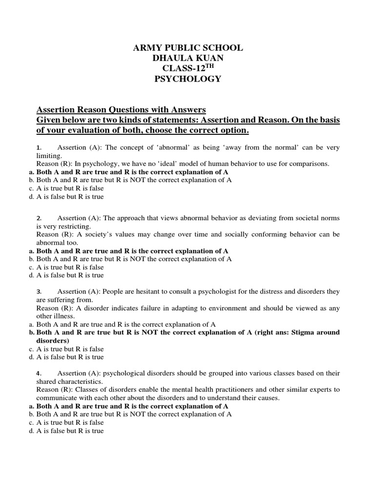 Assertion Reason Questions Chapter-4-7 | PDF | Psychotherapy ...