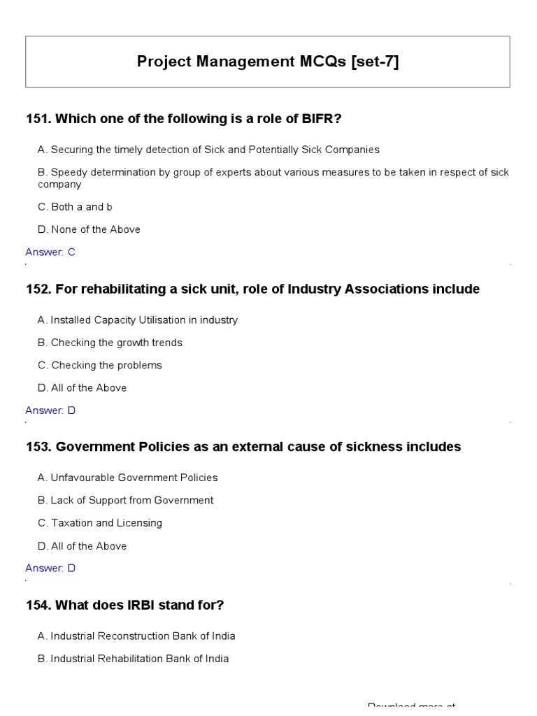 Project Management MCQs Set 7 | PDF | Organizational Structure | Economies