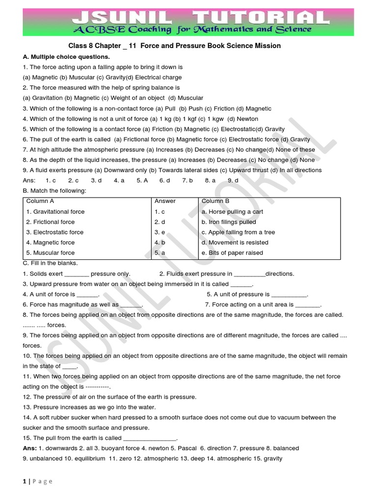 Class 8 Chapter 11 Force and Pressure Book Science Mission | PDF | Force | Pressure