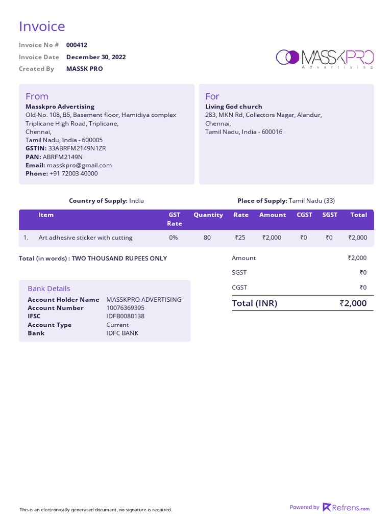 Invoice 000412 Masskpro Advertising Living God Church | PDF