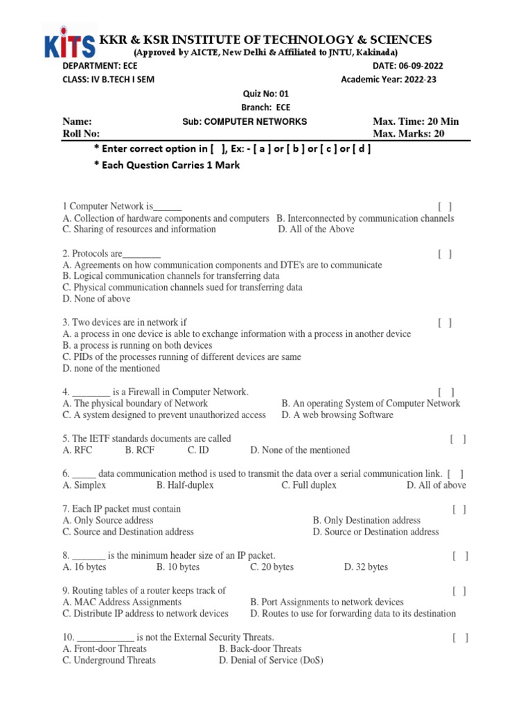 CN - MID-1 - Quiz Paper | PDF | Osi Model | Computer Network