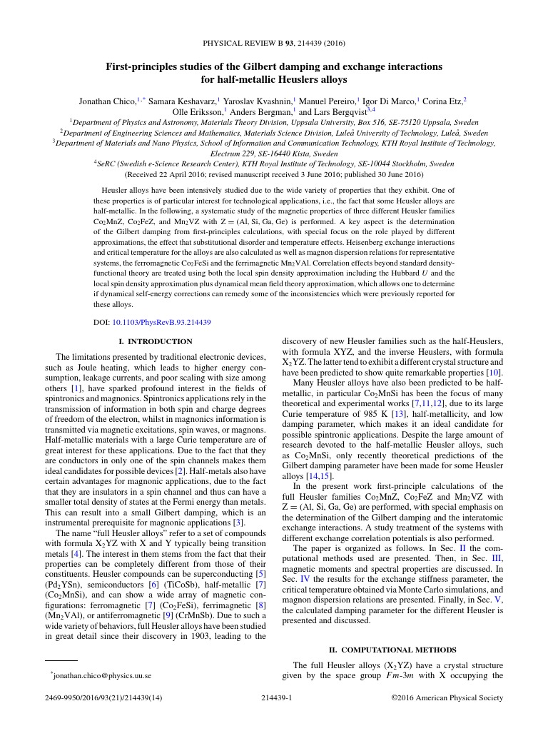 Chico2016 - Gilbert Damping and Exchange Interactions For HM Heusler Alloys | PDF | Density ...
