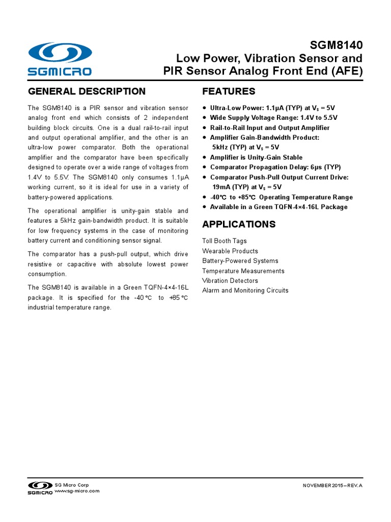 SGM8140 Low Power, Vibration Sensor and PIR Sensor Analog Front End ...